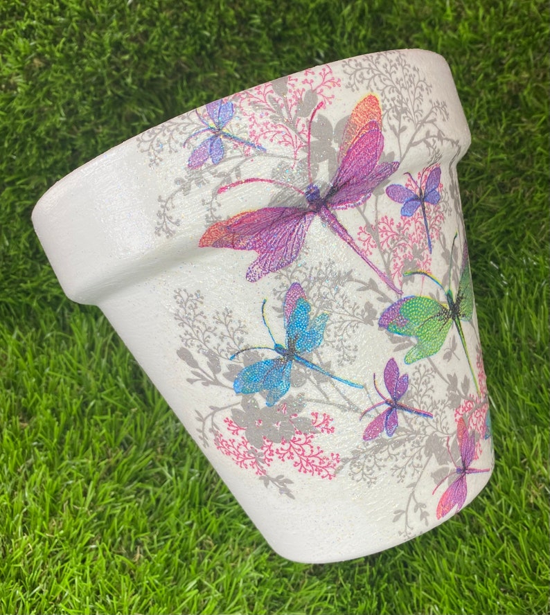 Dragonfly Decoupaged Colourful Plant Pot Personalised Sparkly | Etsy