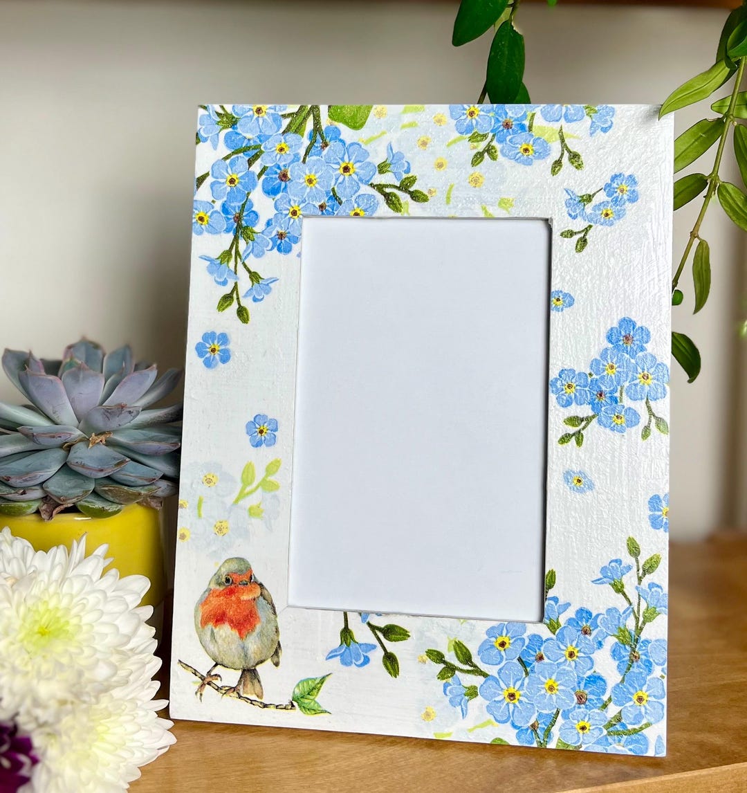 Robin and Forget Me Not Decoupaged Photo Frame, Flowers and Bird Shabby ...