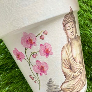 Buddha and Lotus Decoupaged Orchid Plant Pot, Oriental Garden Flower ...
