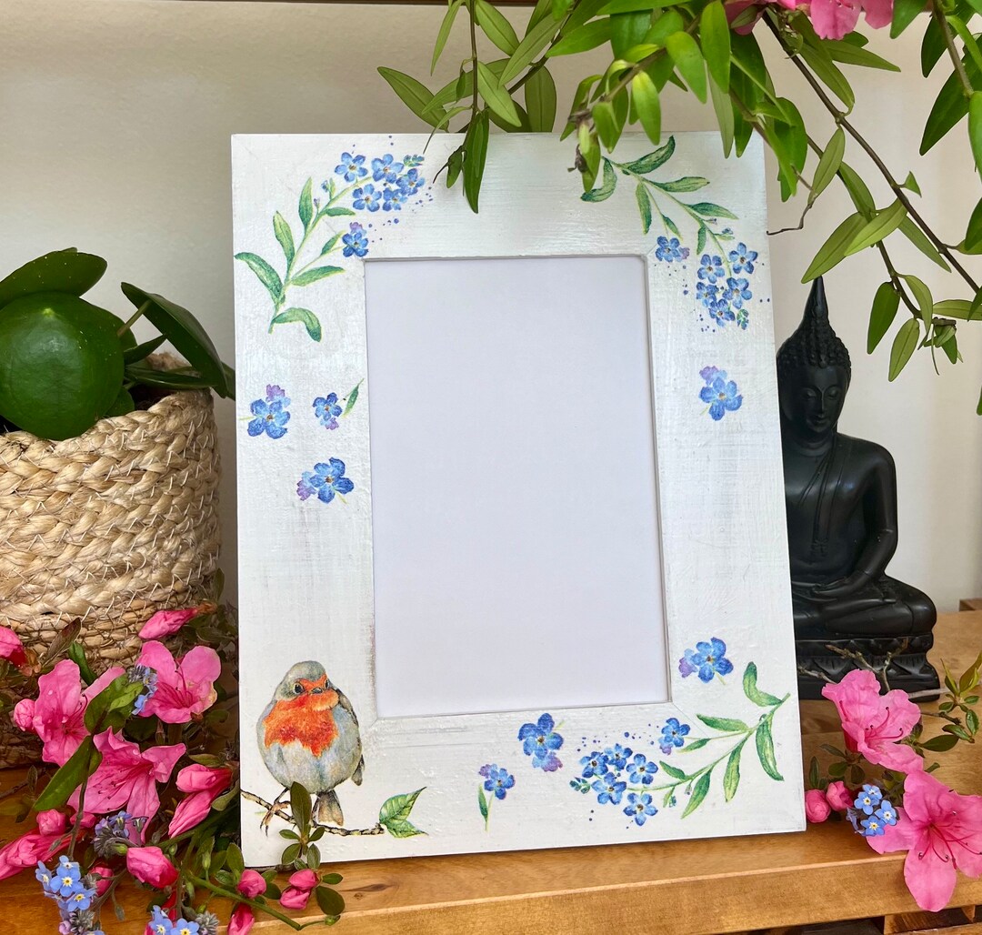 Robin and Forget Me Not Decoupaged Photo Frame, Flowers and Bird Shabby ...