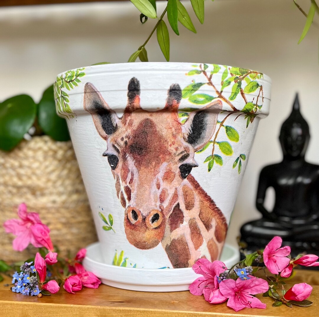 Giraffe Decoupaged Plant Pot, Garden Planter, Giraffe Gift, Animal ...