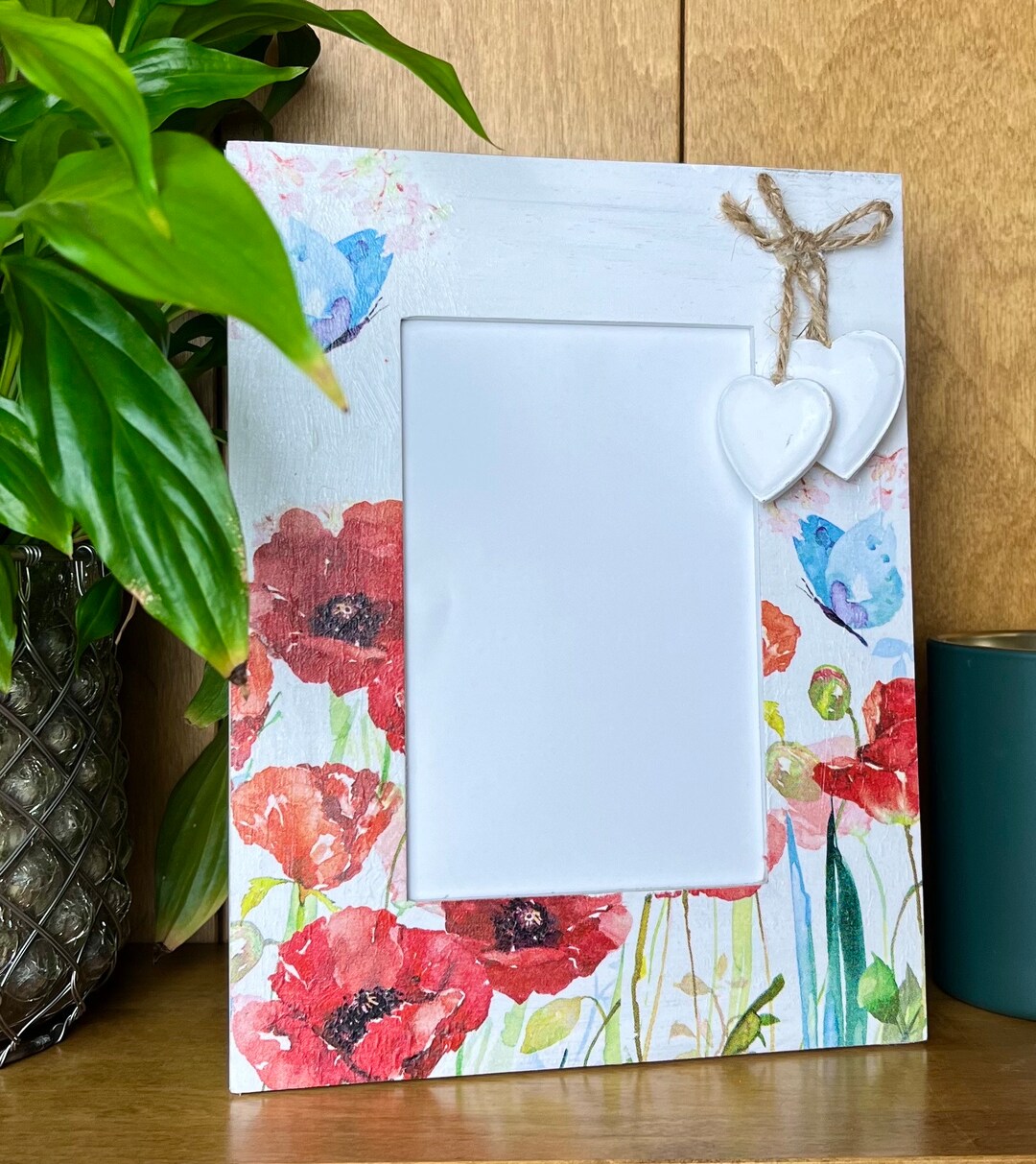 Poppy and Butterfly Decoupaged Photo Frame, Floral Shabby Chic Wooden ...