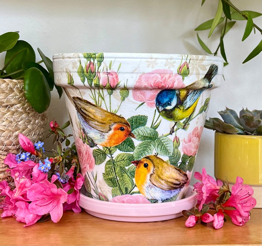 Robin, Blue Tit and Flowers Decoupaged Plant Pot, Bird Garden Planter ...