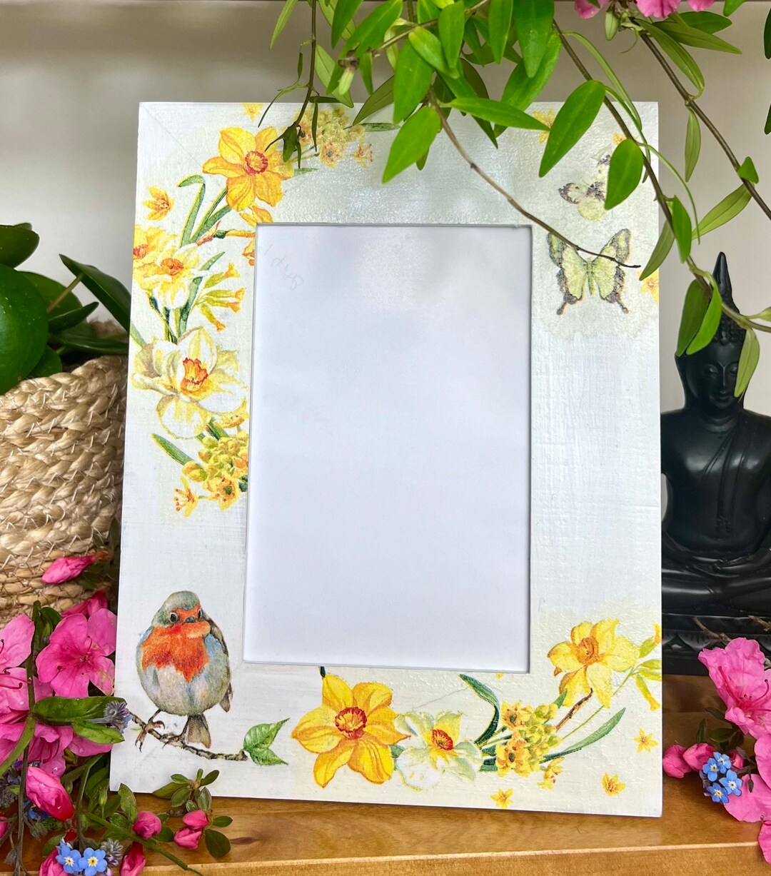 Robin and Daffodil Decoupaged Photo Frame, Floral Frame, Bird and ...