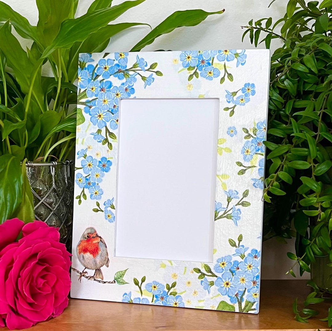 Robin and Forget Me Not Decoupaged Photo Frame, Flowers and Bird Shabby ...