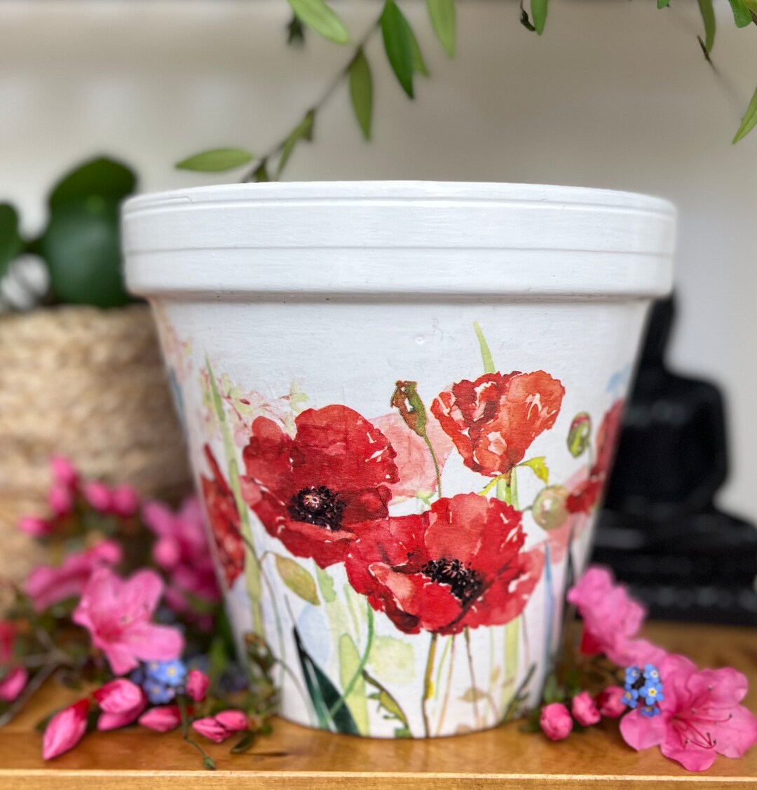 Poppy Decoupaged Plant Pot, Poppies Garden Planter, Floral Flower Pot ...