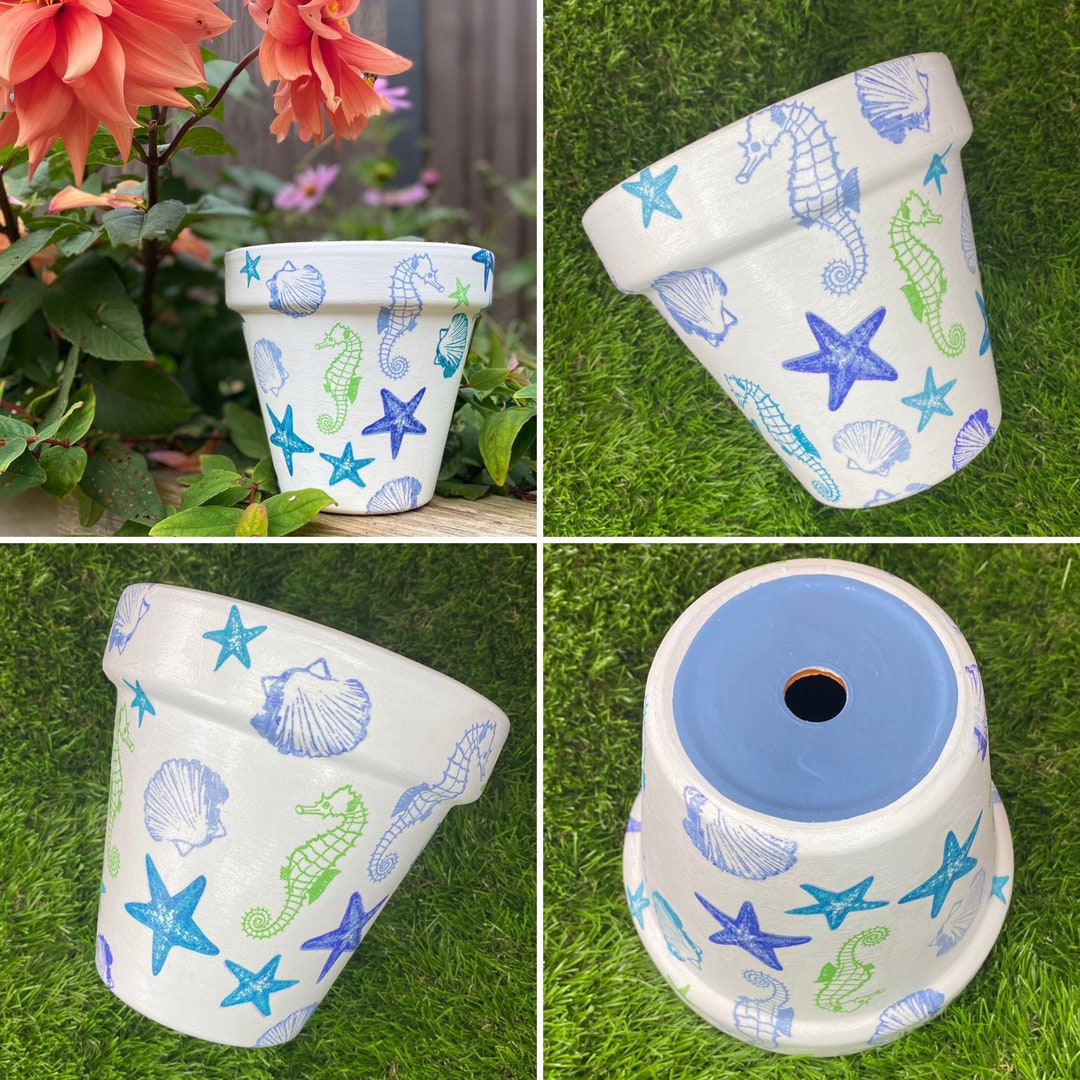 Seahorse Shells and Starfish Decoupaged Plant Pot,baby Blue and Aqua ...