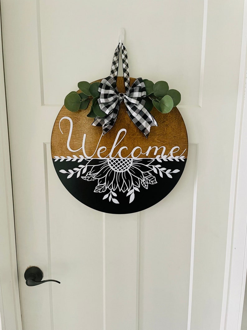 Sunflower Welcome Black Brown Stain White Door Hanger - Etsy