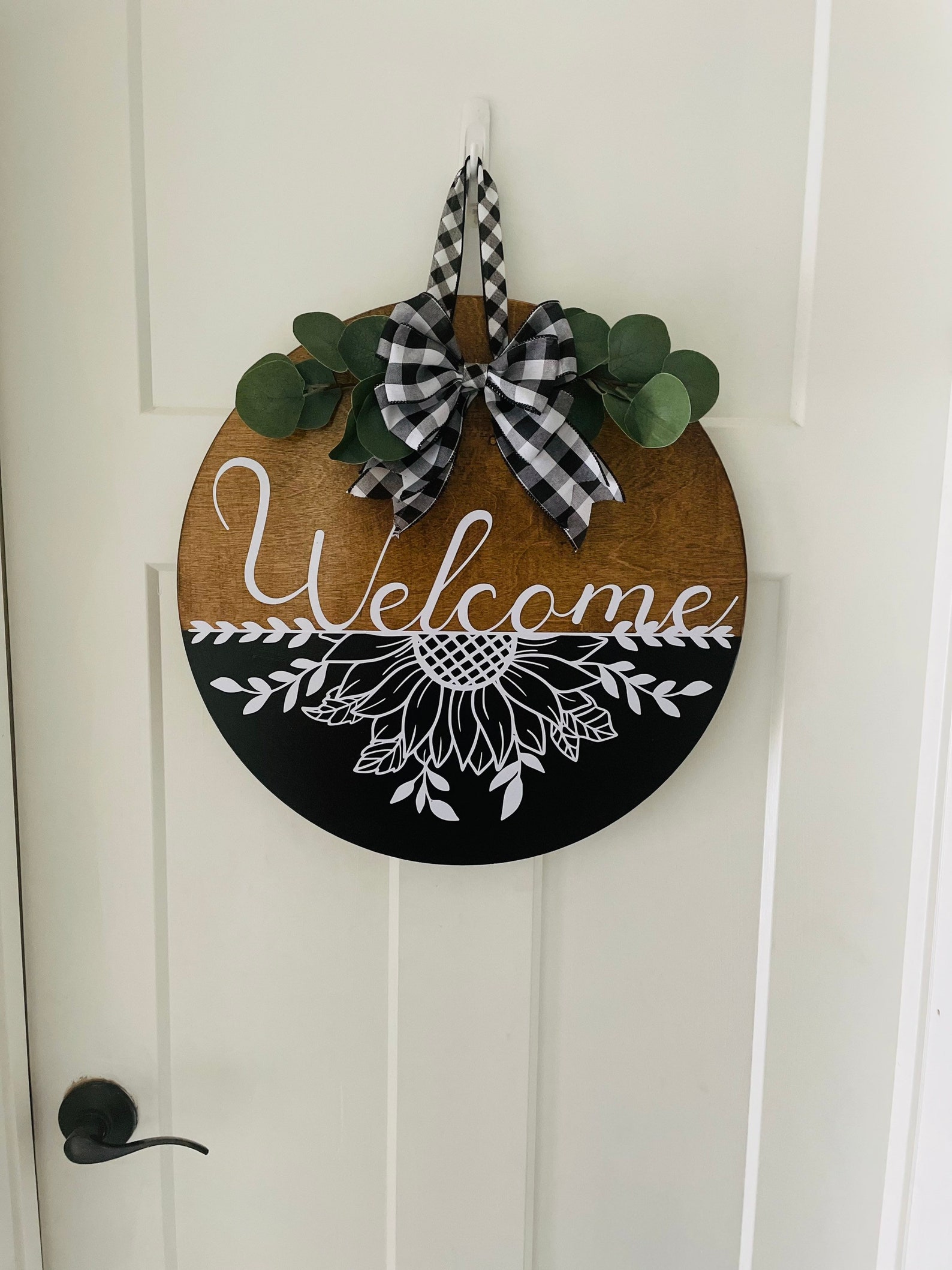 Sunflower Welcome Black Brown Stain White Door Hanger - Etsy