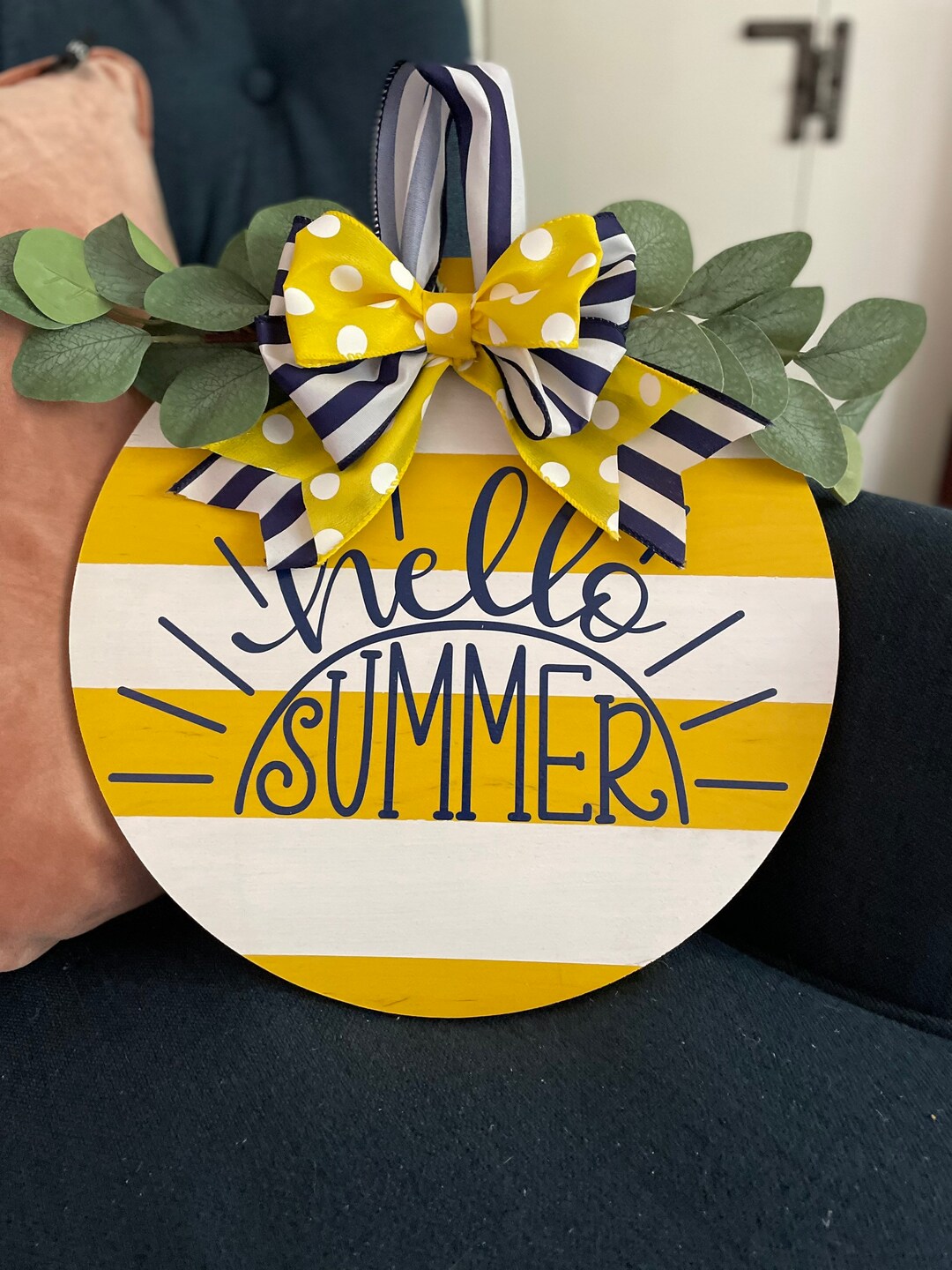 Hello Summer, Summer, Yellow, Sunshine, Stripes, Navy, Polka Dots, Sign ...