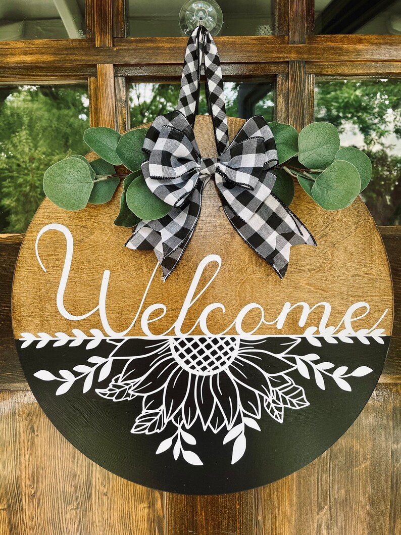 Sunflower Welcome Black Brown Stain White Door Hanger - Etsy