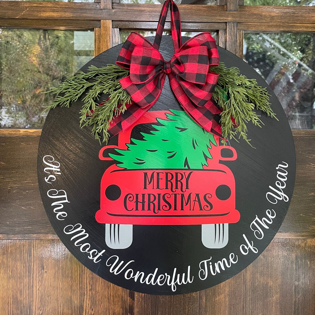 Christmas, Christmas Truck, Seasonal, Winter, Wreath, Wooden Sign, Door ...