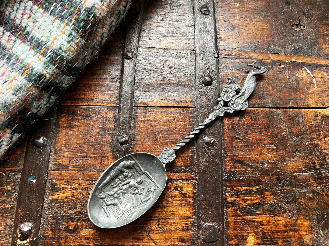 Antique Spoon Dutch Pewter Birth Spoon With Stork Decoration - Etsy