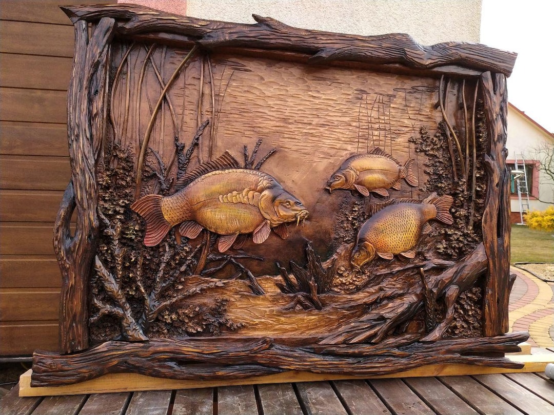 3D Wooden Picture Wood Carving Wall Art Handcarved Wood Carving Carp ...