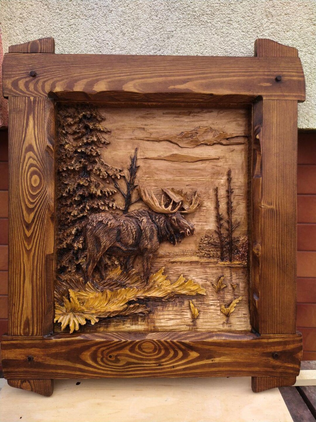 3D Wooden Picture Wood Carving Wall Art Handcarved Wood Carving Elk ...