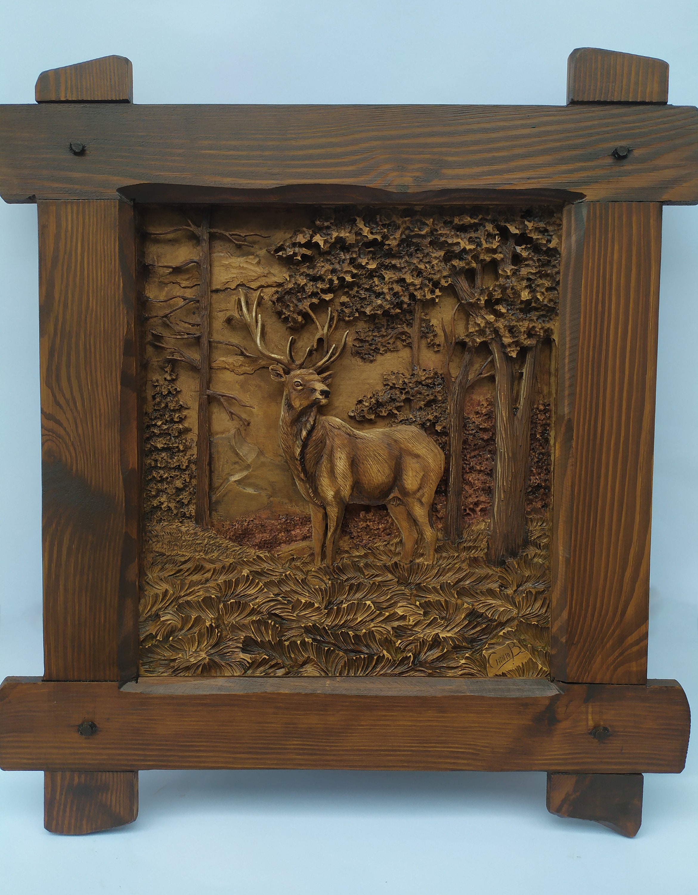 3D Wooden Picture Wood Carving Wall Art Handcarved Wood Carving Deer ...