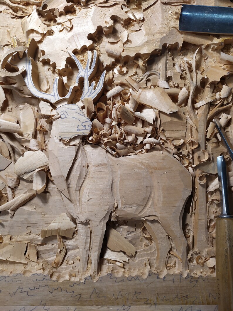 3D Wooden Picture Wood Carving Wall Art Handcarved Wood Carving Deer ...