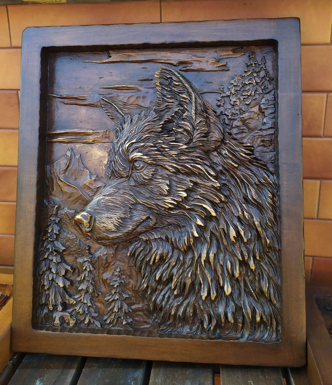 3D Wooden Picture Wood Carving Wall Art Handcarved Wood Carving Wolf ...
