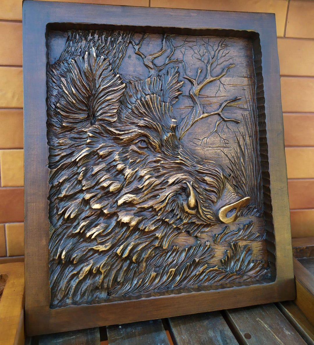 3D Wooden Picture Wood Carving Wall Art Handcarved Wood Carving Boar ...