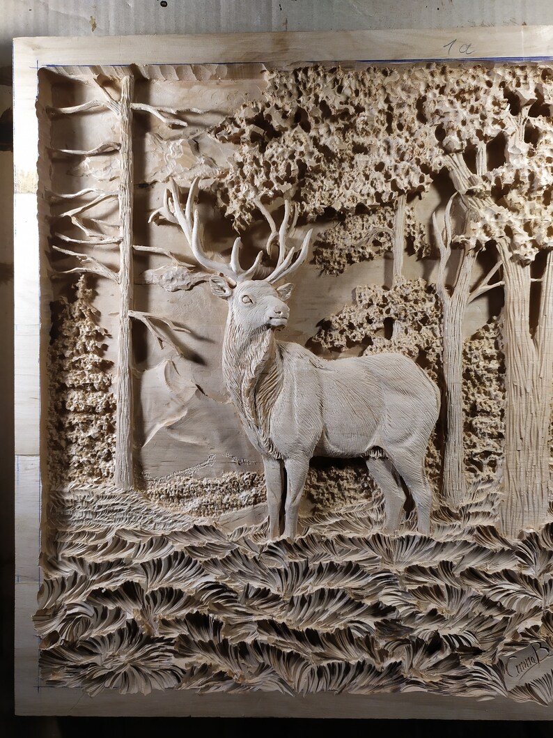 3D Wooden Picture Wood Carving Wall Art Handcarved Wood Carving Deer ...