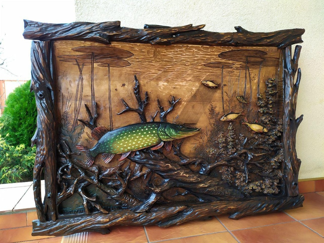 3D Wooden Picture Wood Carving Wall Art Handcarved Wood Carving Pike ...
