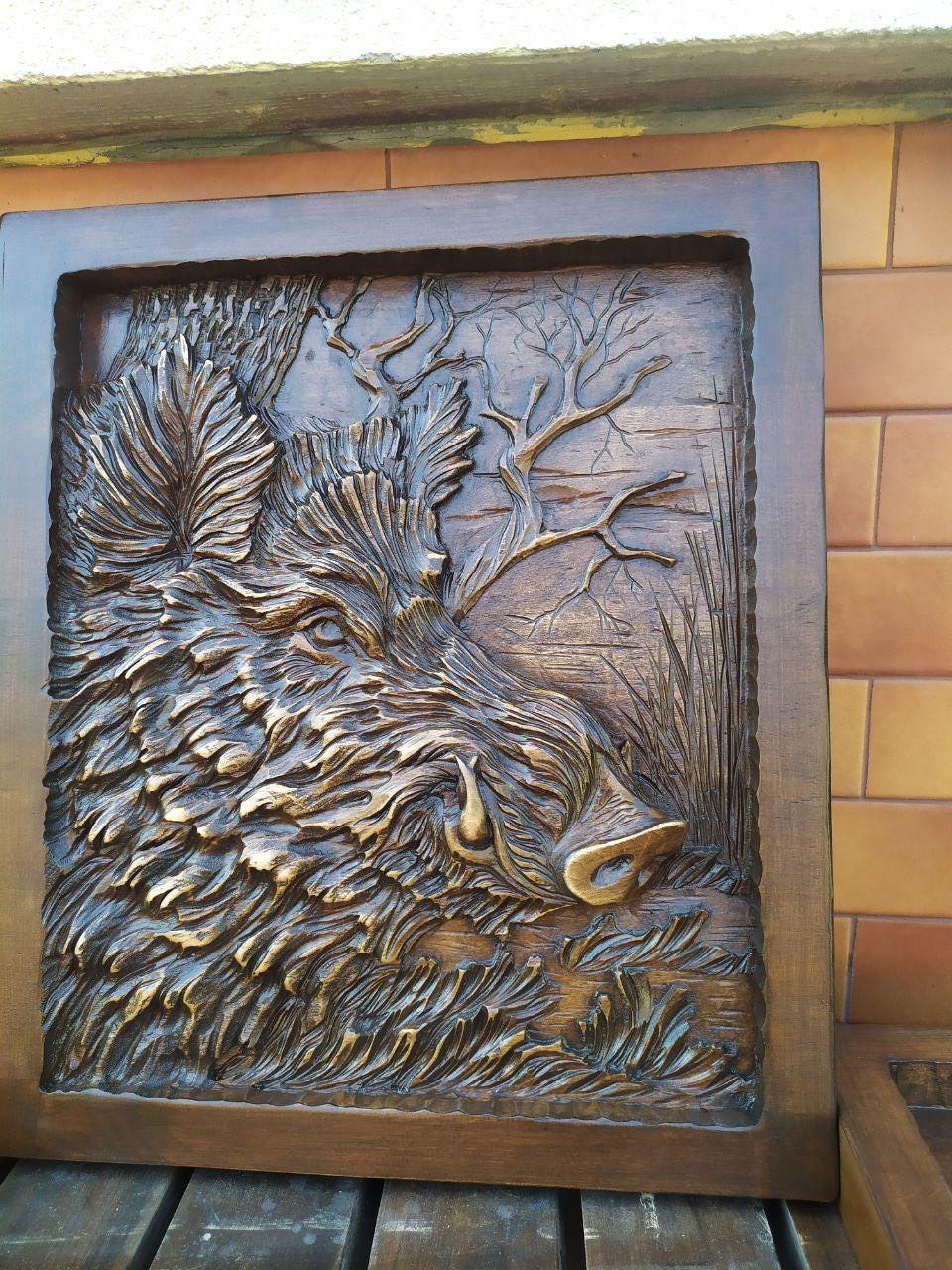 3D Wooden Picture Wood Carving Wall Art Handcarved Wood Carving Boar ...