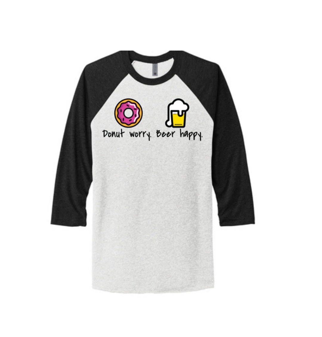 Donut Worry Beer Happy Heather Black & White Baseball Raglan Tee - Etsy