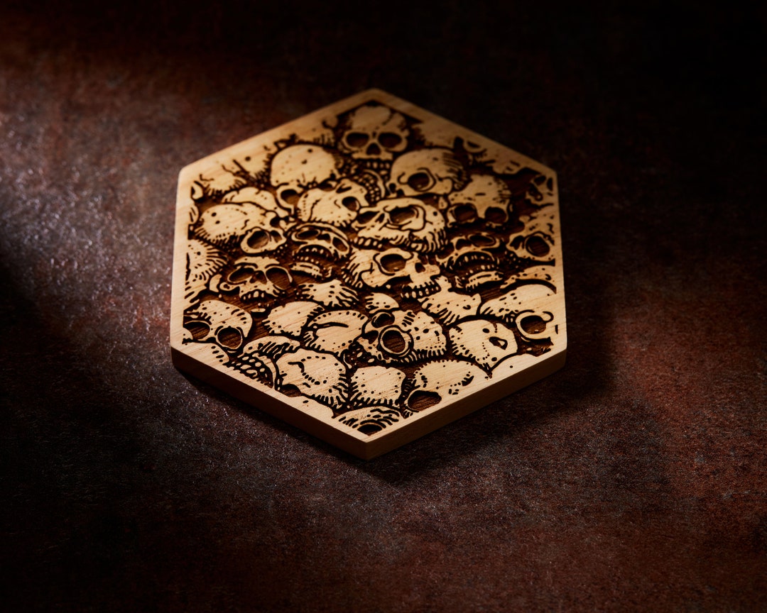 Skull Hexagon Coaster Rubber Wood Cup Holder Unique Gift Design for ...