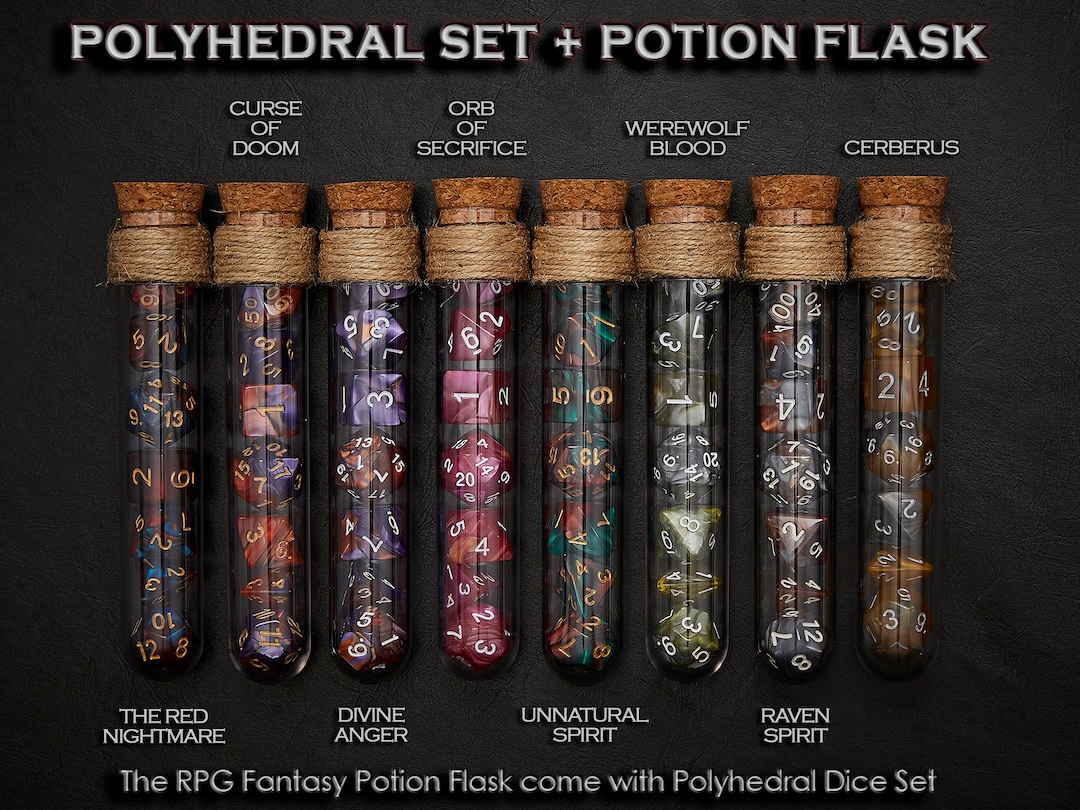 Polyhedral Dice Set of 7 With RPG Fantasy Potion Flask- D&D Dnd TRPG ...