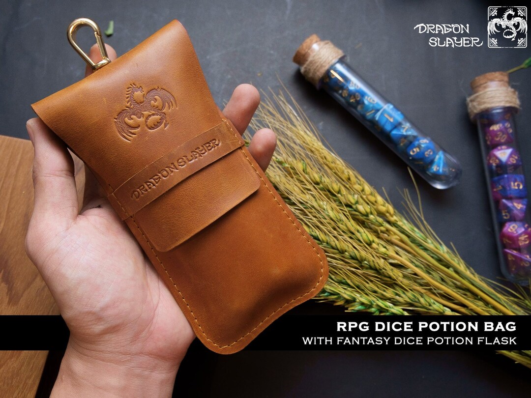 RPG Dice Potion Bag With Fantasy Dice Potion Flask Set: Tan Leather ...