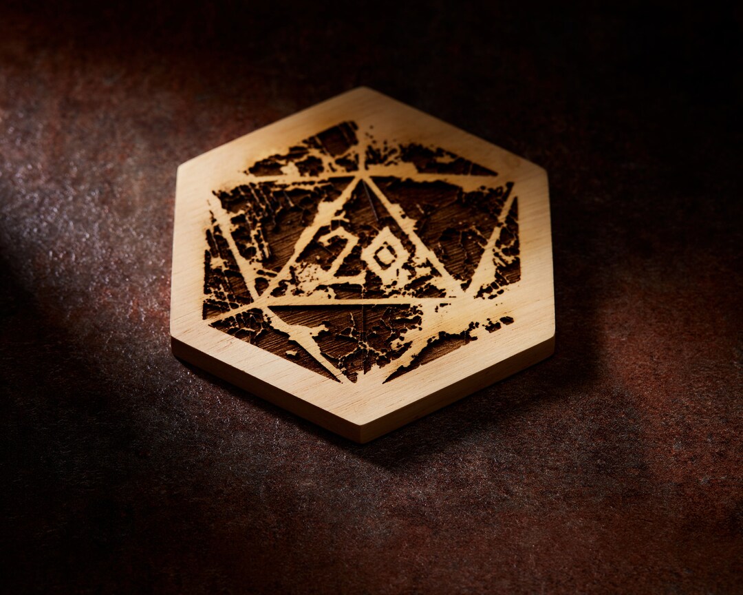 Laser Engraved D20 Coaster: Rubber Wood Hexagon for RPG Gaming - Etsy