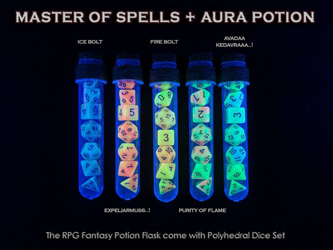 Spell Aura Polyhedral Dice Set of 7 With Potion Flask- D&D Dnd TRPG MTG ...