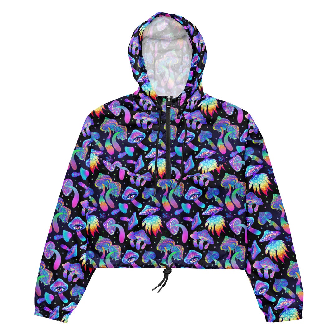 Shroomin Black Cropped Windbreaker (rave Jacket, Festival Jacket, Rave ...