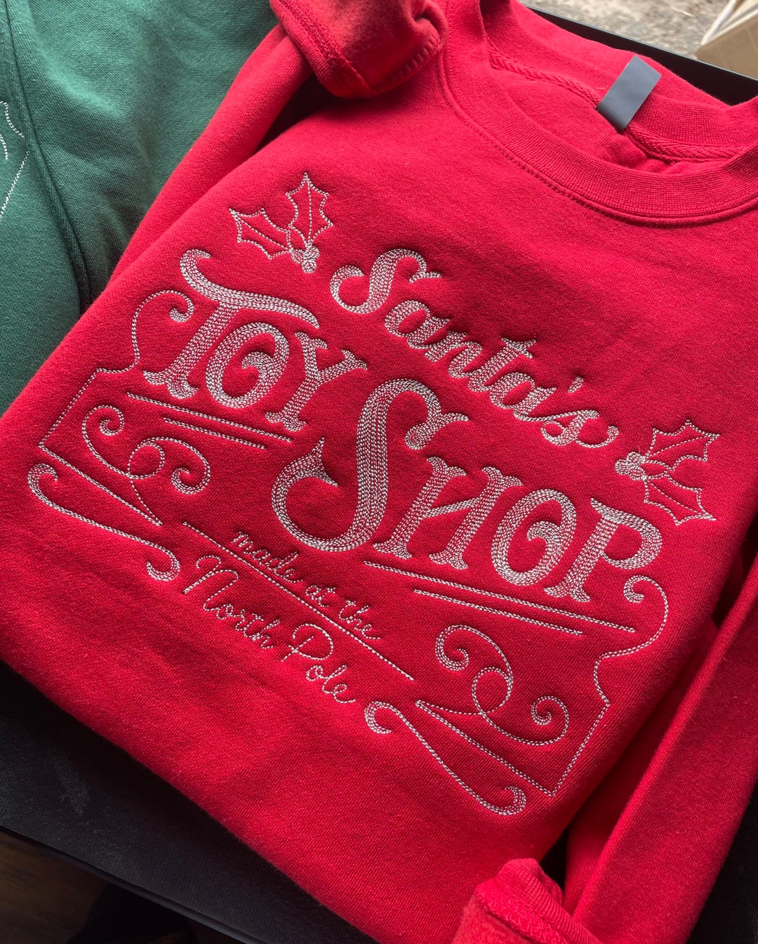 Santa's Toy Shop Embroidered Red Sweatshirt, Christmas Embroidered ...