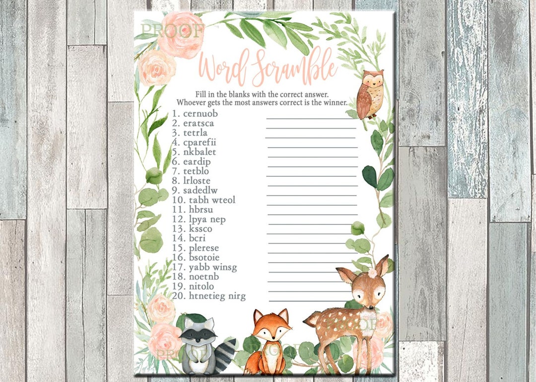 Woodland Animals Word Scramble Woodland Baby Shower Peach - Etsy