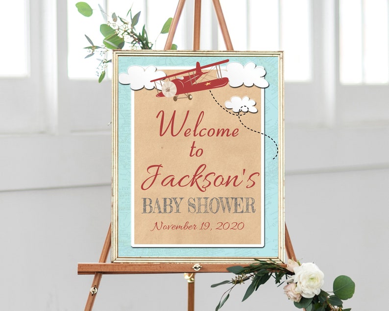 Airplane Baby Shower Welcome Sign, Adventure Awaits Travel up up and ...