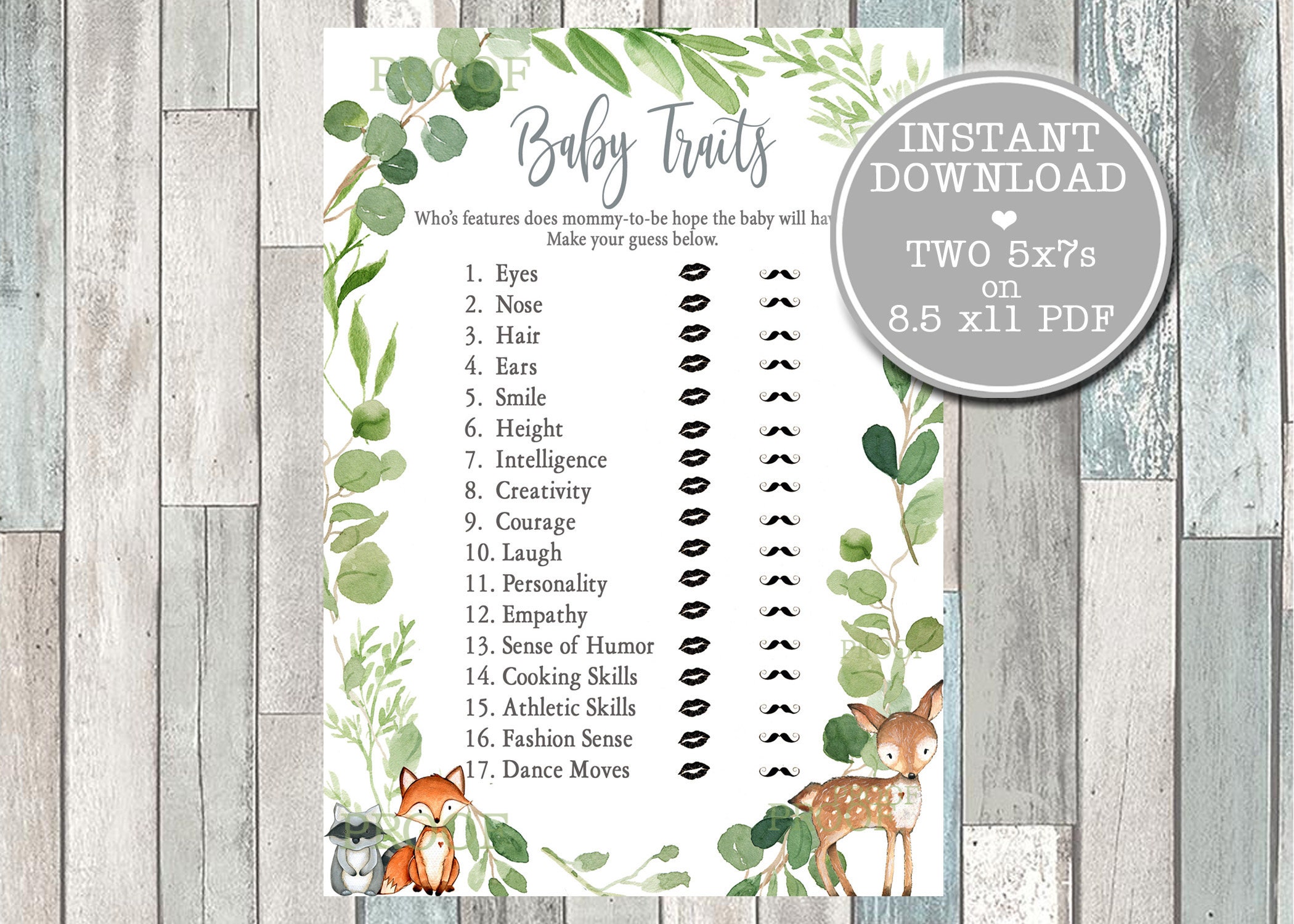 Woodland Animals Baby Traits Card, Neutral Animal Baby Shower Mommy or ...
