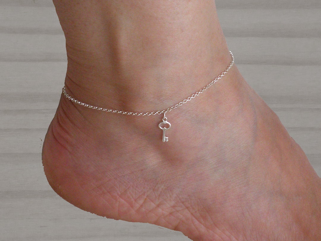Silver Key Anklet Bracelet, Beach Jewelry, Delicate Anklet - Etsy