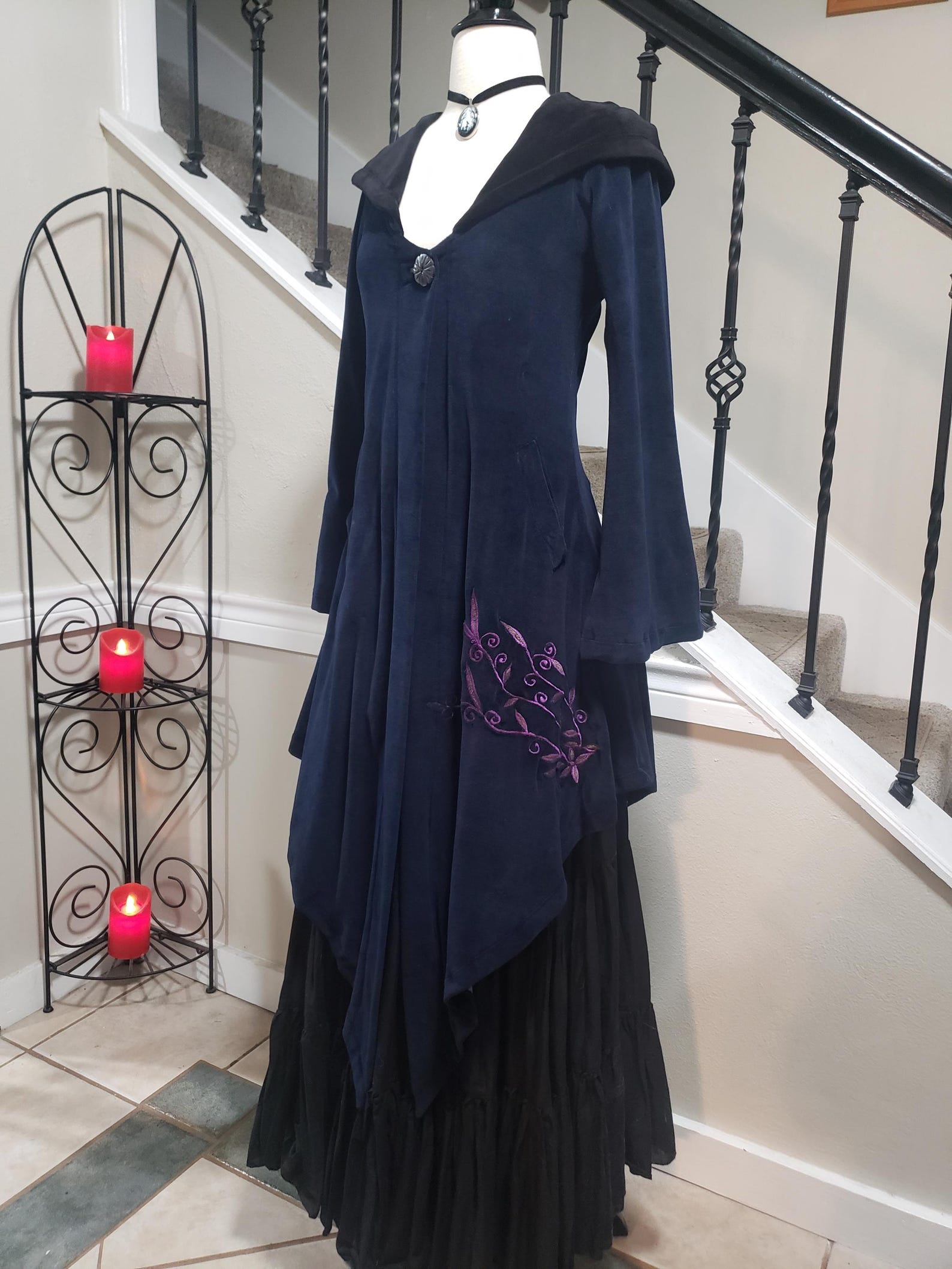 Midnight Blue Velvet Embroidered Hooded Elven Cloak, XL - Etsy