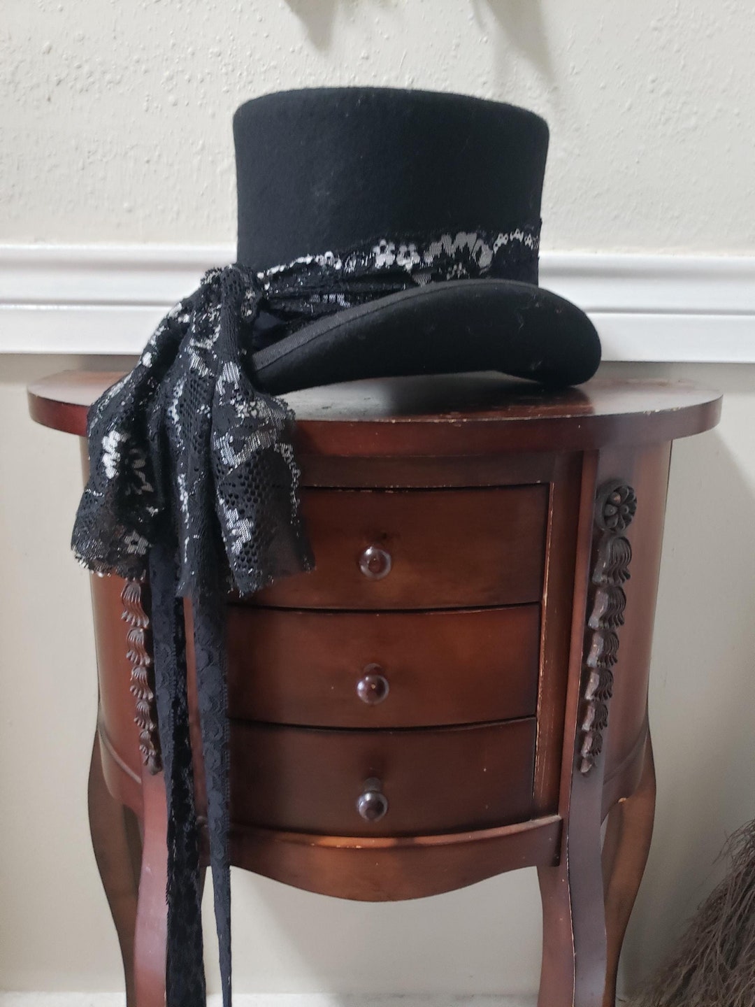 Vintage Black Wool Victorian Style Top Hat With Lace Bow and Ribbon - Etsy