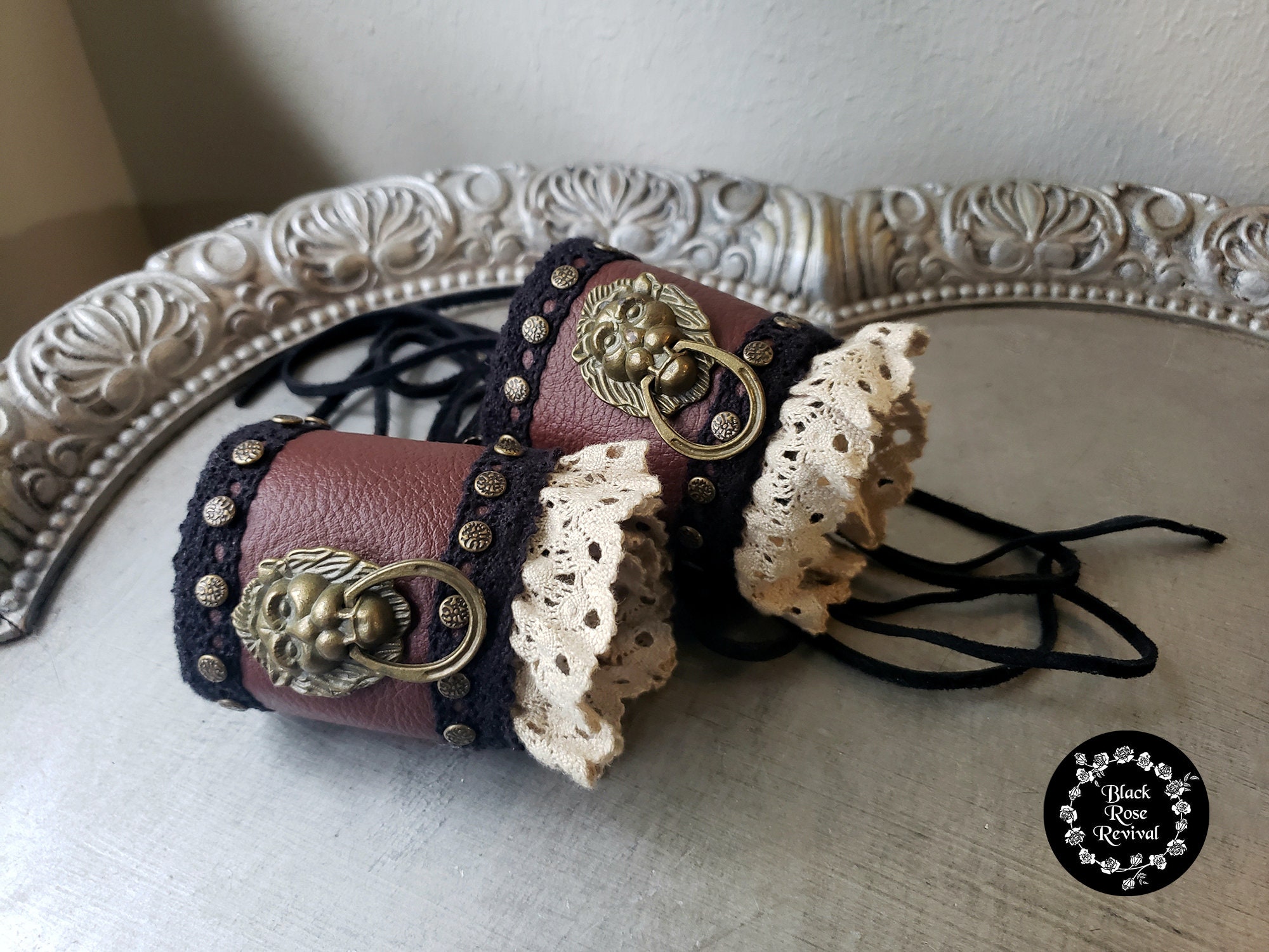 Gothic Renaissance Leather Wrist Cuffs With Bronze Lions - Etsy