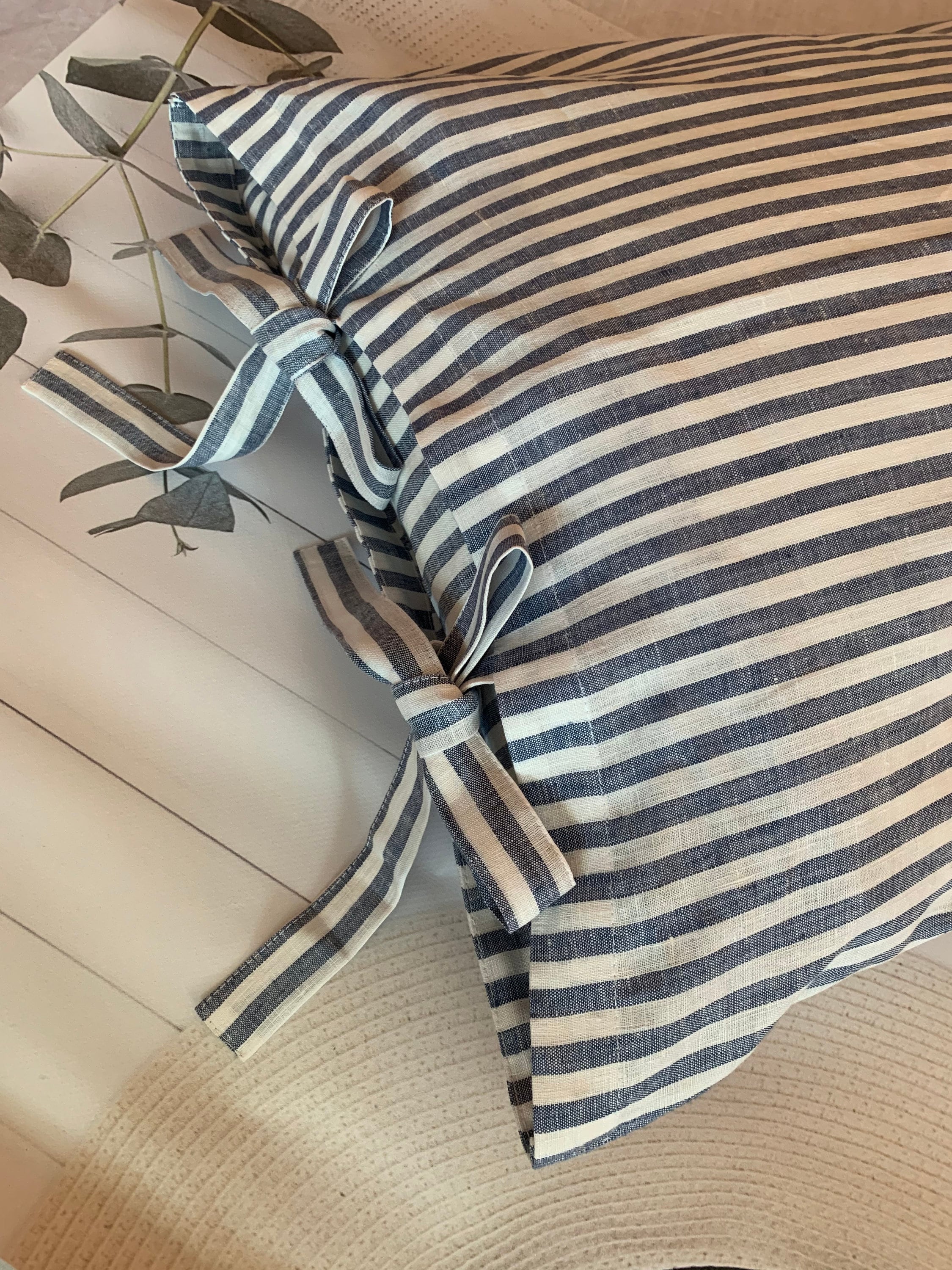 Linen pillowcase with Ties Blue striped pillowcasestandard | Etsy