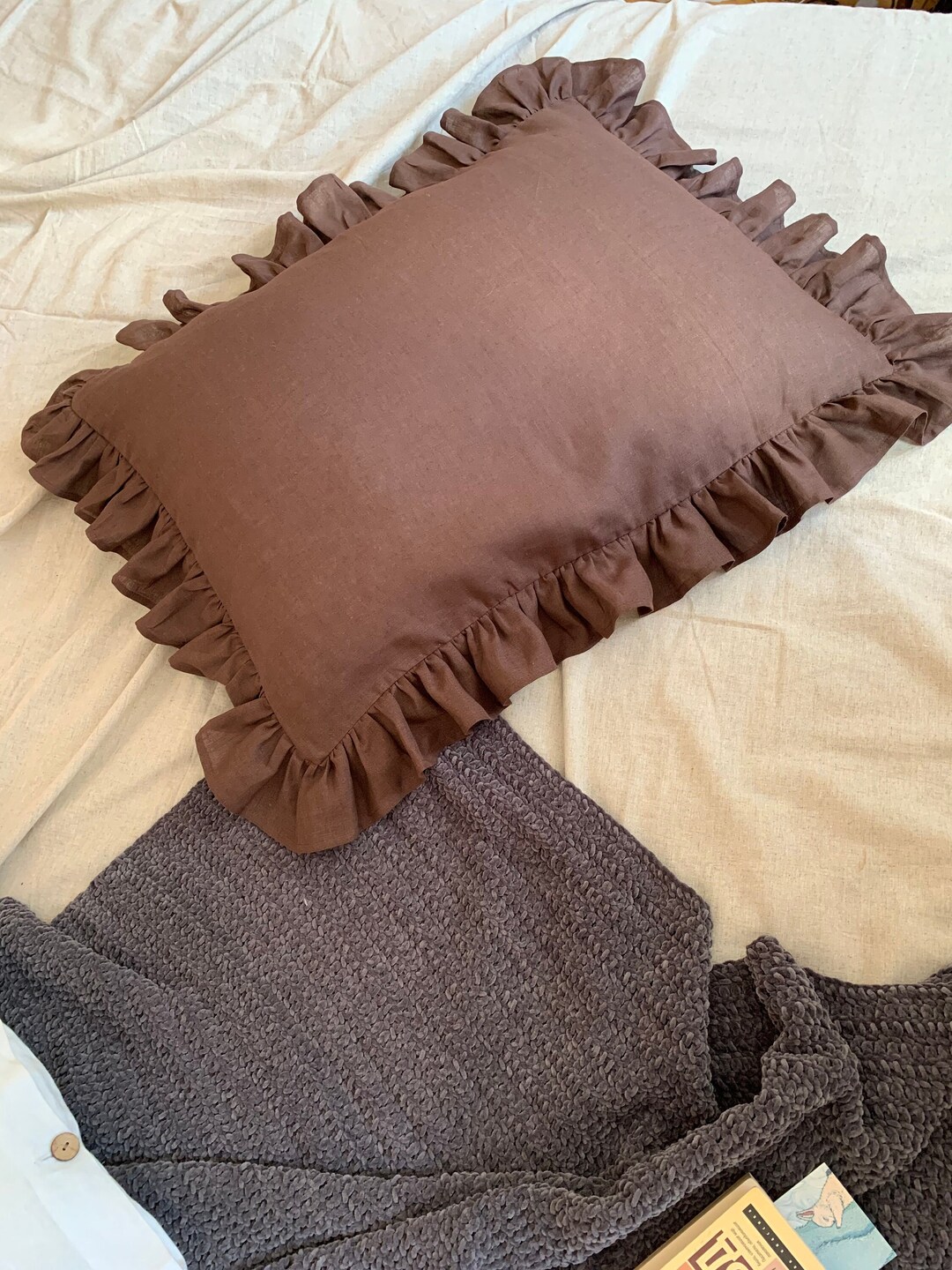 RUFFLED PILLOW SHAMS Luxury Linen Shabby Chic Pillows Case Ruffled ...