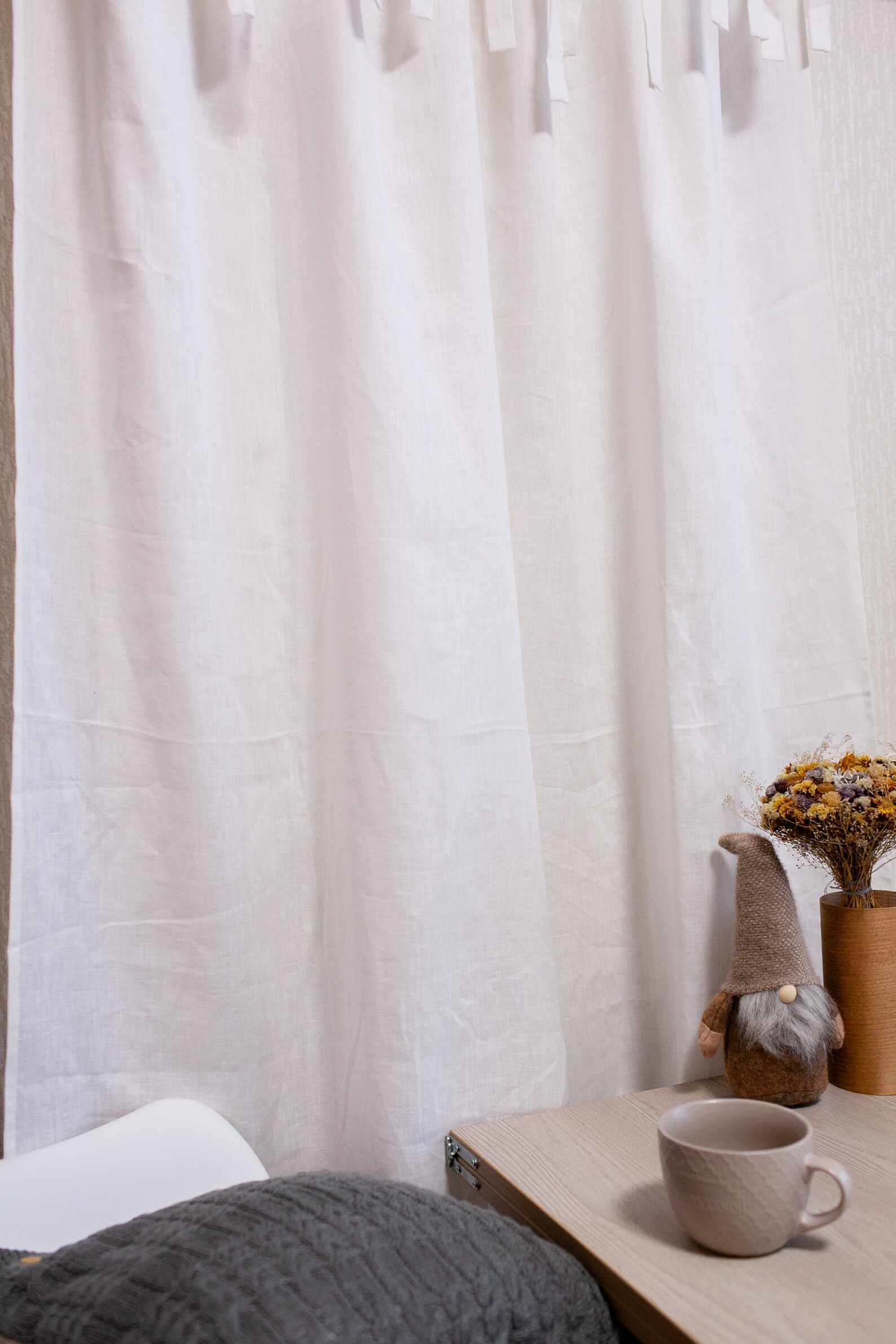 White Linen Curtain Panel, Translucent Tie Top, Farmhouse Style, Custom ...