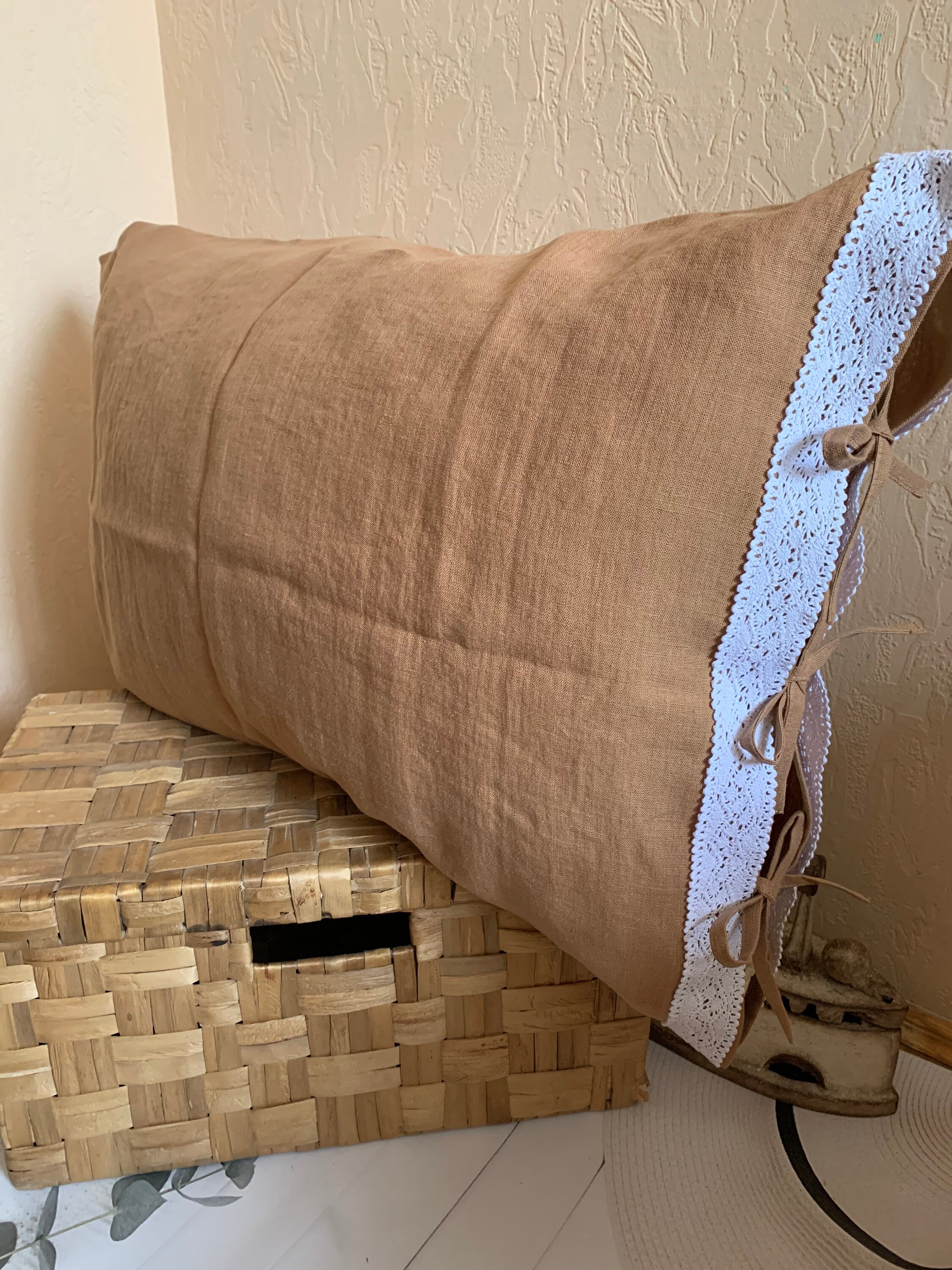 Linen Pillowcase With Tie Lace Linen Pillow Covers Farmhouse Pillow ...