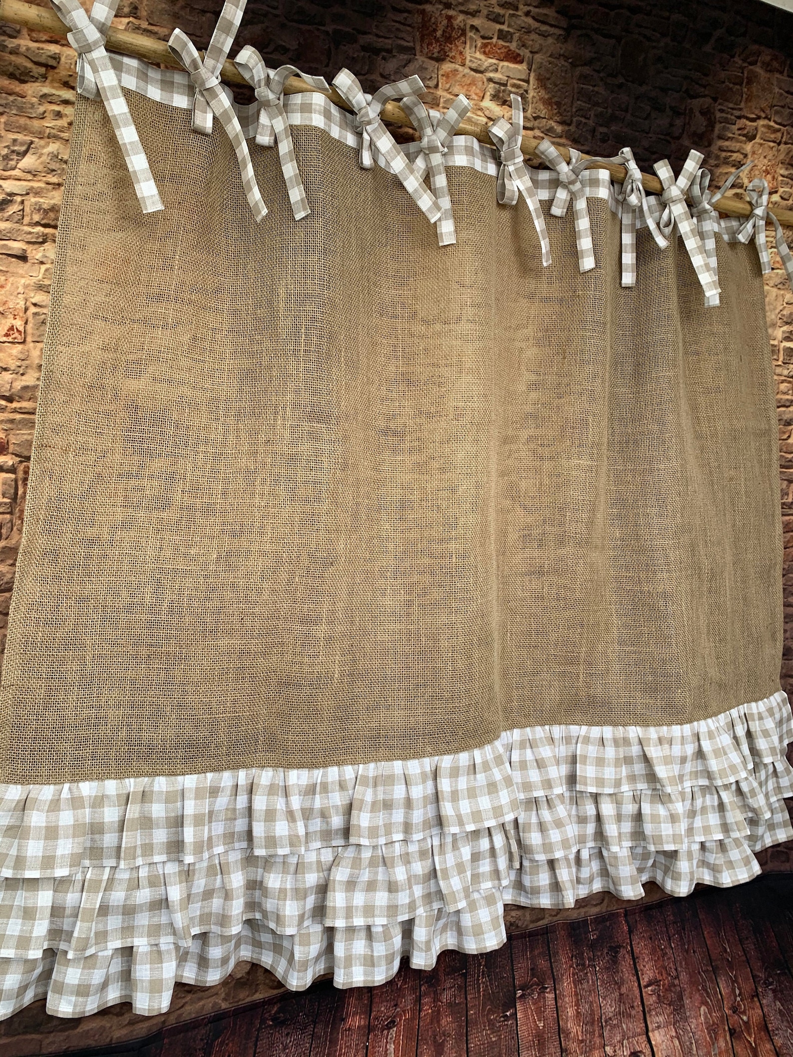 Burlap Curtain With Flax Ruffle - Cottage Farmhouse Window Treatment - Etsy