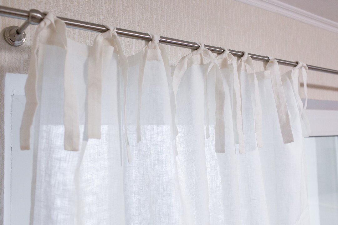 White Linen Curtain Panel, Translucent Tie Top, Farmhouse Style, Custom ...