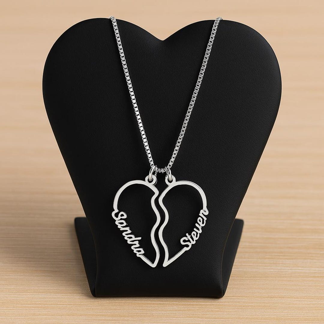 Personalized Sterling Silver Split Heart Necklace • Custom Couple Name ...