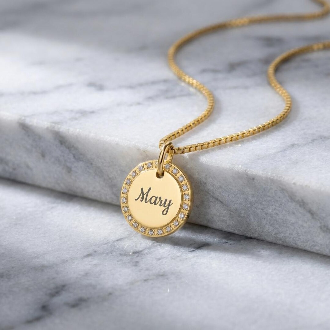 Custom Halo Name Necklace – Engraved Round Pendant With Cubic Zirconia ...