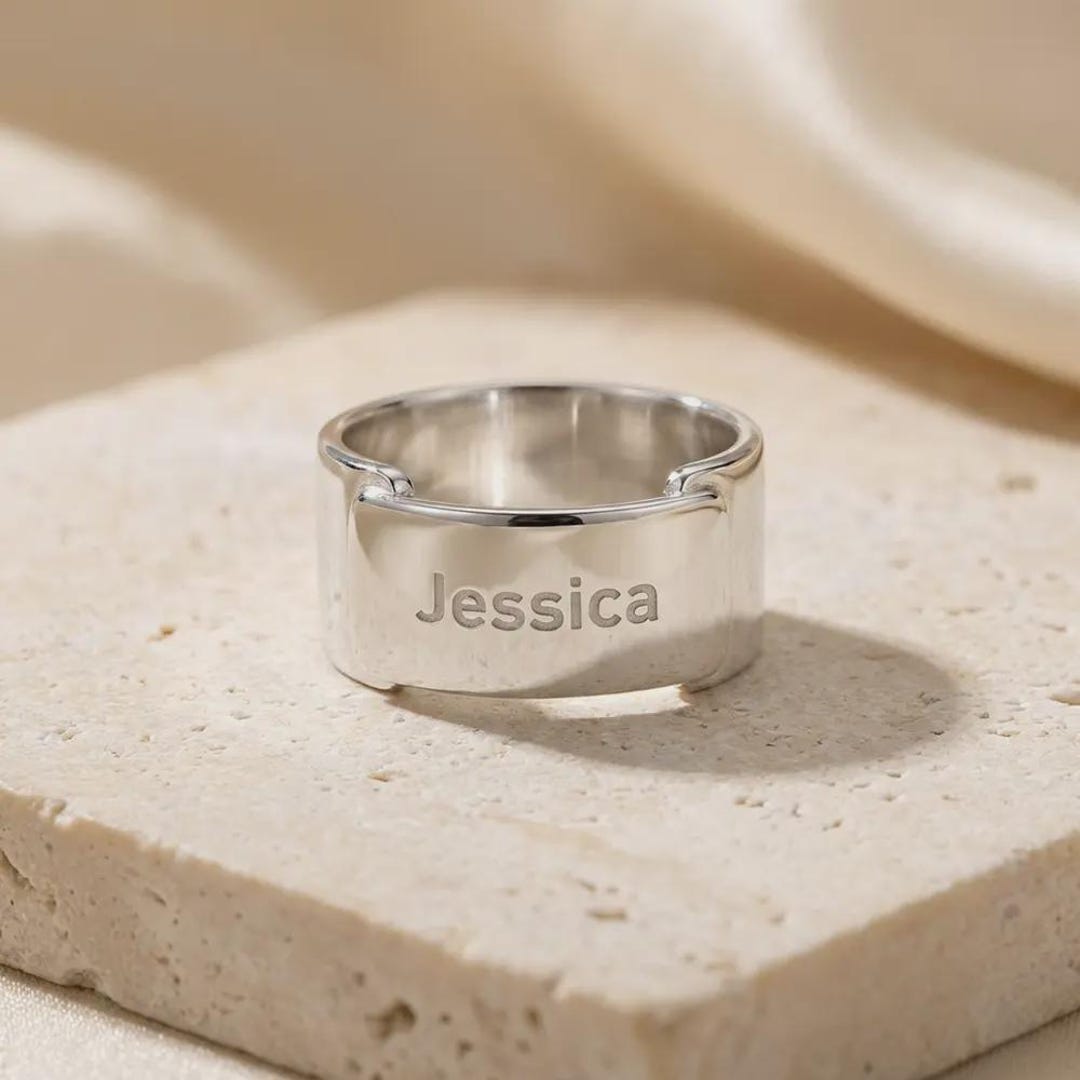Personalized Name Ring, Custom Engraved Silver Band, Minimal Adjustable ...